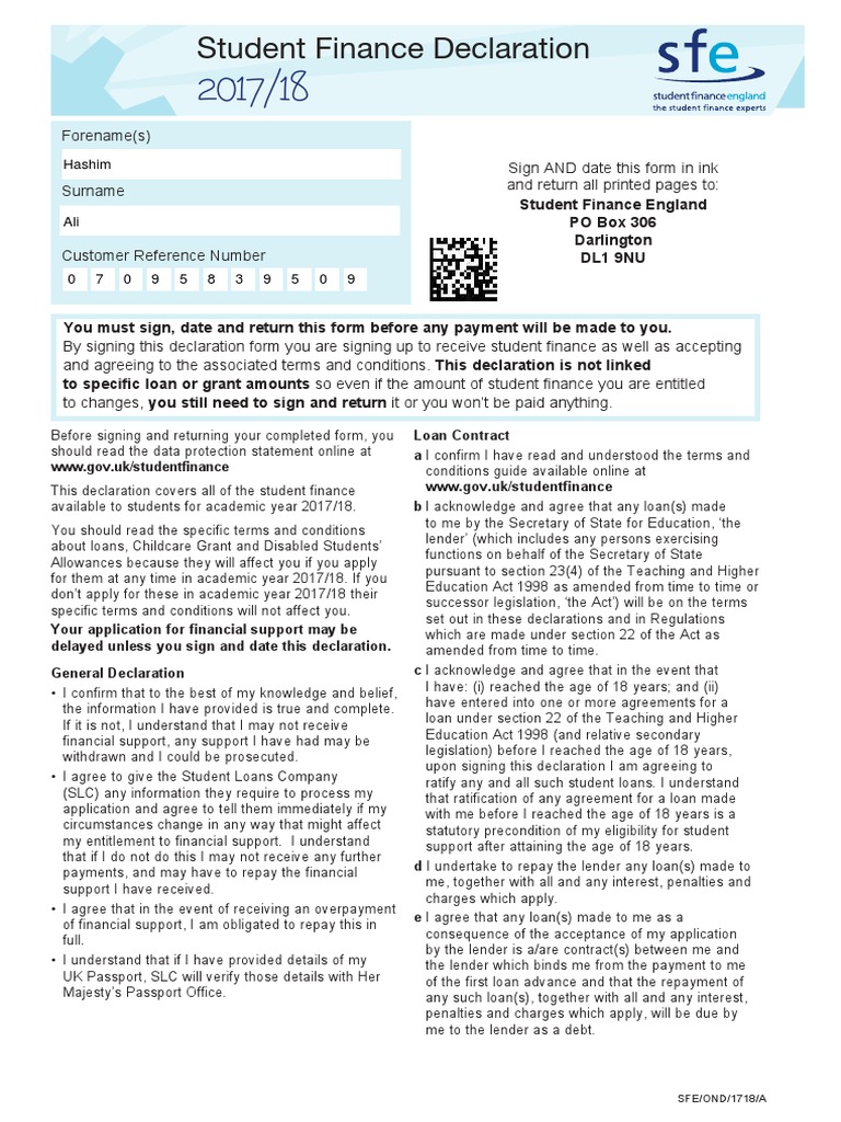 Student Finance Declaration Form | PDF | Loans | Student Loan