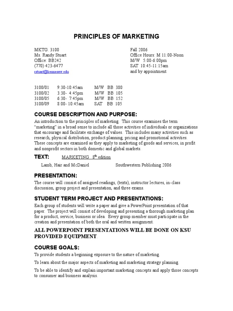 Principles of Marketing: Course Description and Purpose | PDF ...