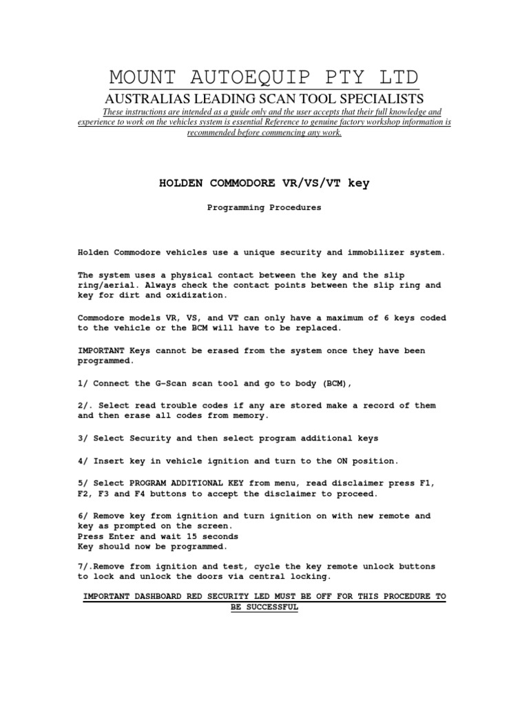 Holden Commodore VR, VS, VT Key Programming Procedures G-Scan | PDF