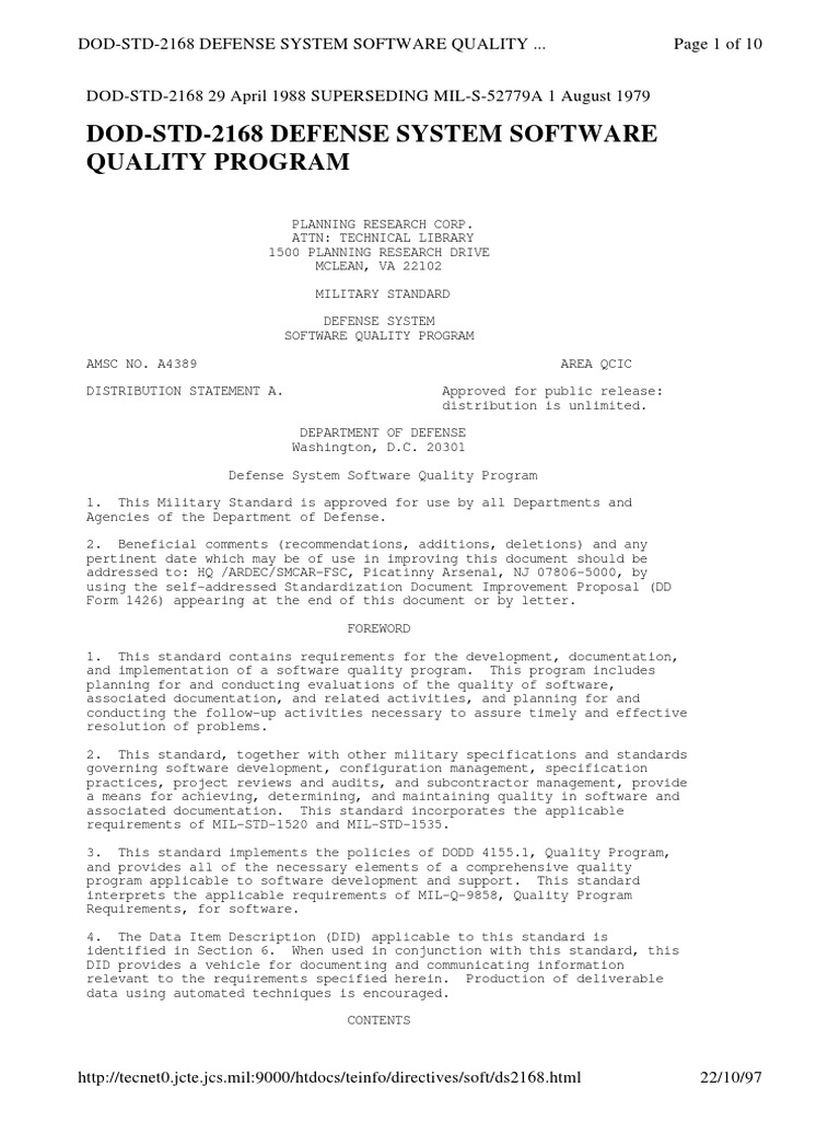 Dod STD 2168a | PDF | Specification (Technical Standard) | Evaluation