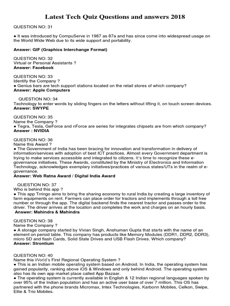 Latest Tech Quiz Questions and Answers 2018 | PDF | Computing | Software