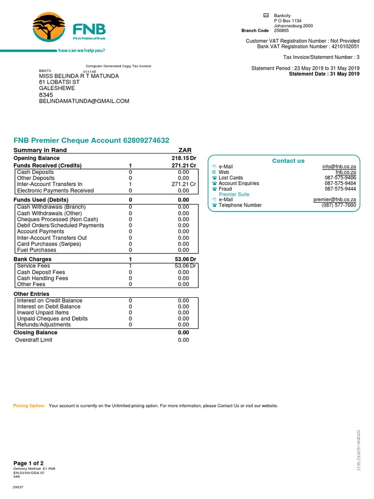 FNB Premier Cheque Account 62809274632: Summary in Rand ZAR | PDF ...