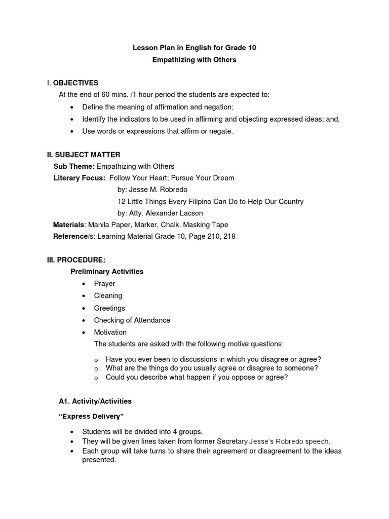 Lesson Plan in English For Grade 10 Empathizing With Others | PDF | Adverb