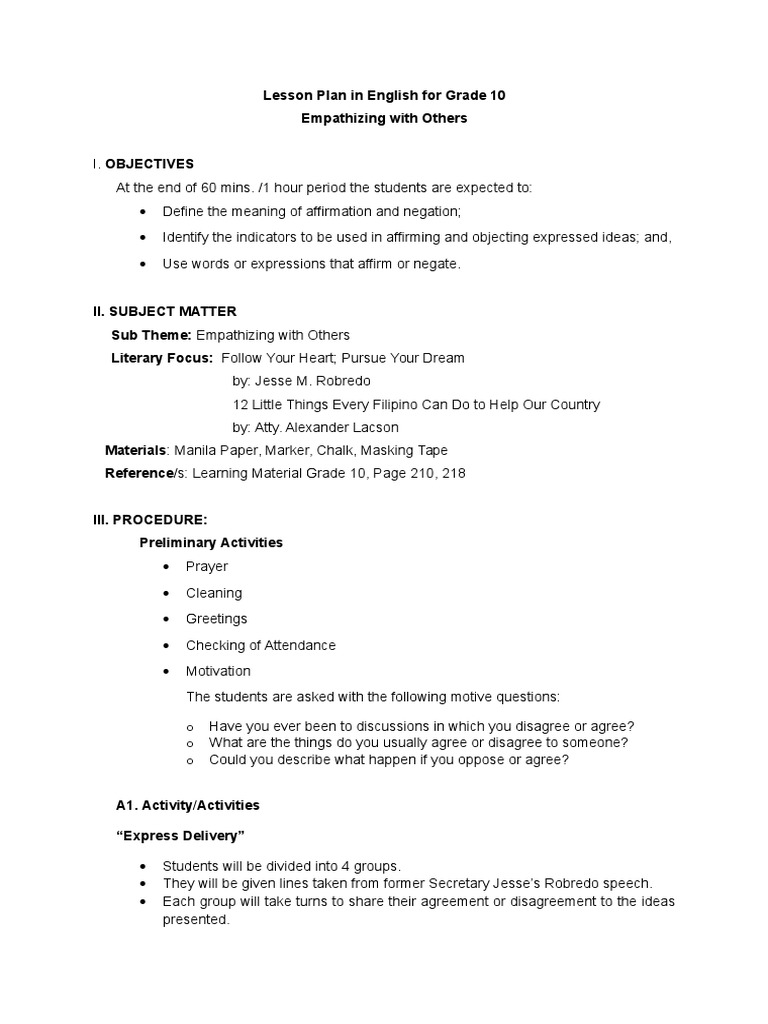 English 10 Lesson Plan | PDF | Adverb