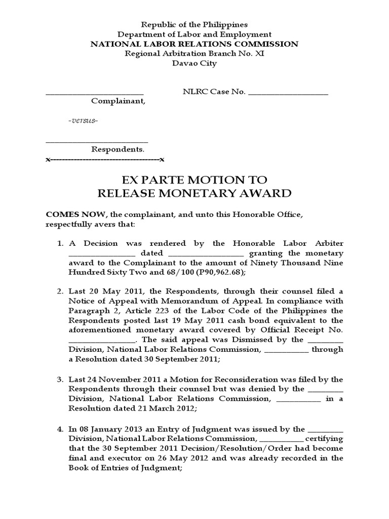 Ex-Parte Motion To Release Monetary Award | PDF | Ex Parte | Judgment (Law)