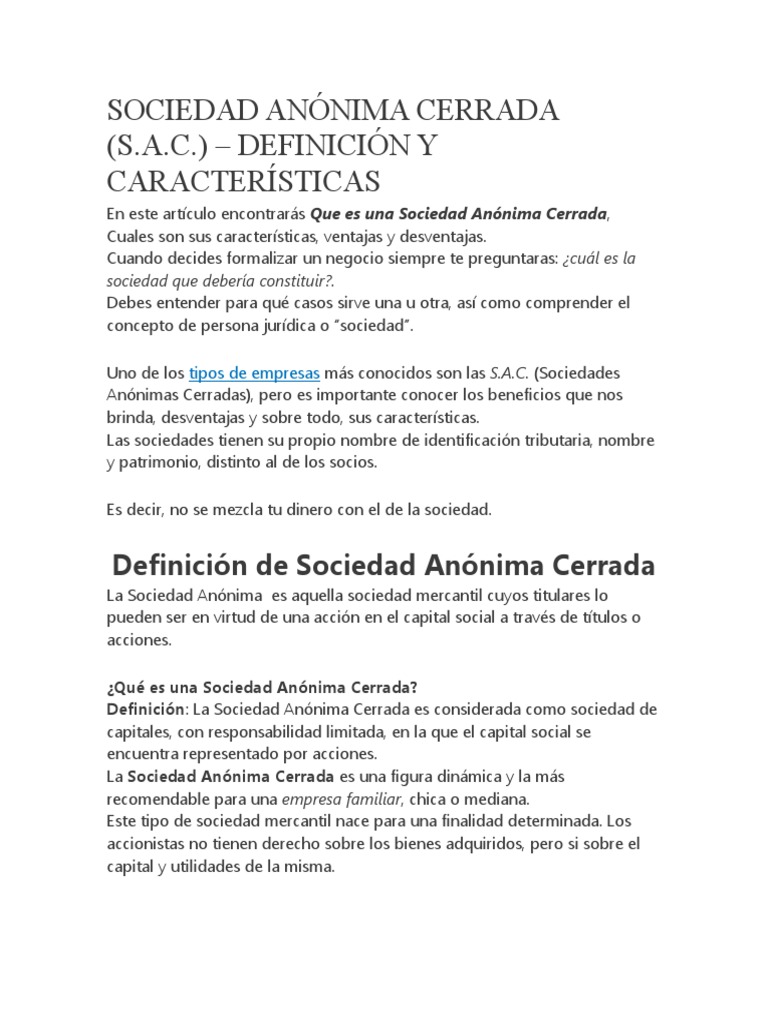Sociedad Anónima Cerrada (S.A.C.) - Definición Y Características | PDF ...