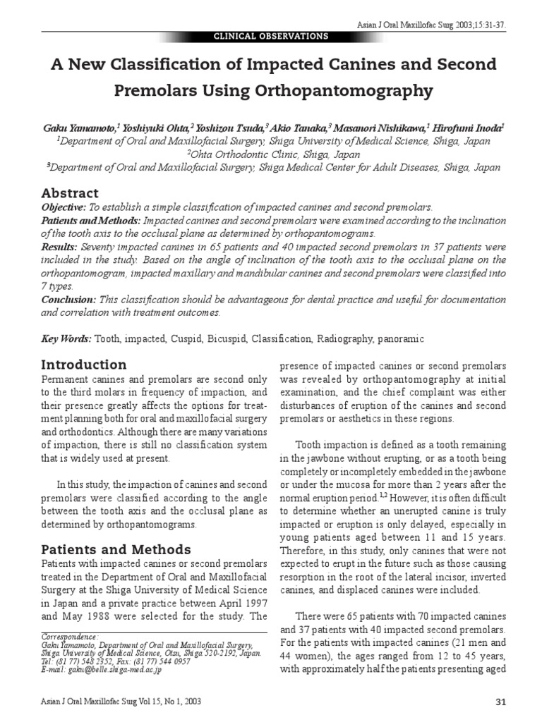 Klasifikasi Impaksi P2 Yamamoto 2003 | PDF | Tooth | Orthodontics