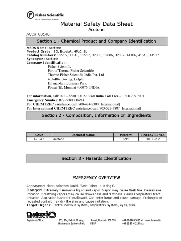 Acetone MSDS | PDF | Combustion | Personal Protective Equipment