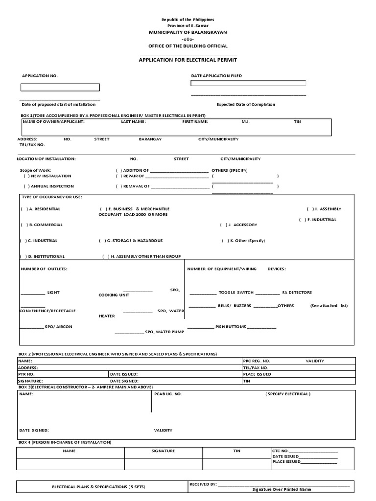 Application For Electrical Permit: Municipality of Balangkayan Office ...