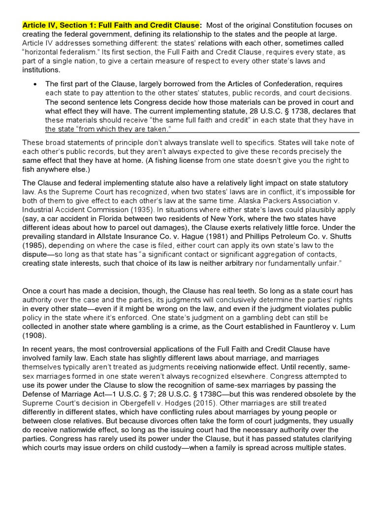 Article IV, Section 1: Full Faith and Credit Clause: Most of The ...