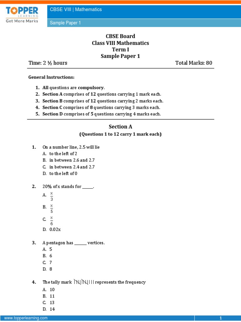Time: 2 Hours Total Marks: 80: CBSE Board Class VIII Mathematics Term I ...