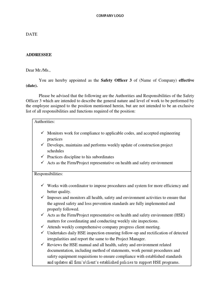 Sample Appointment Letter of Safety Officer | PDF | Safety ...