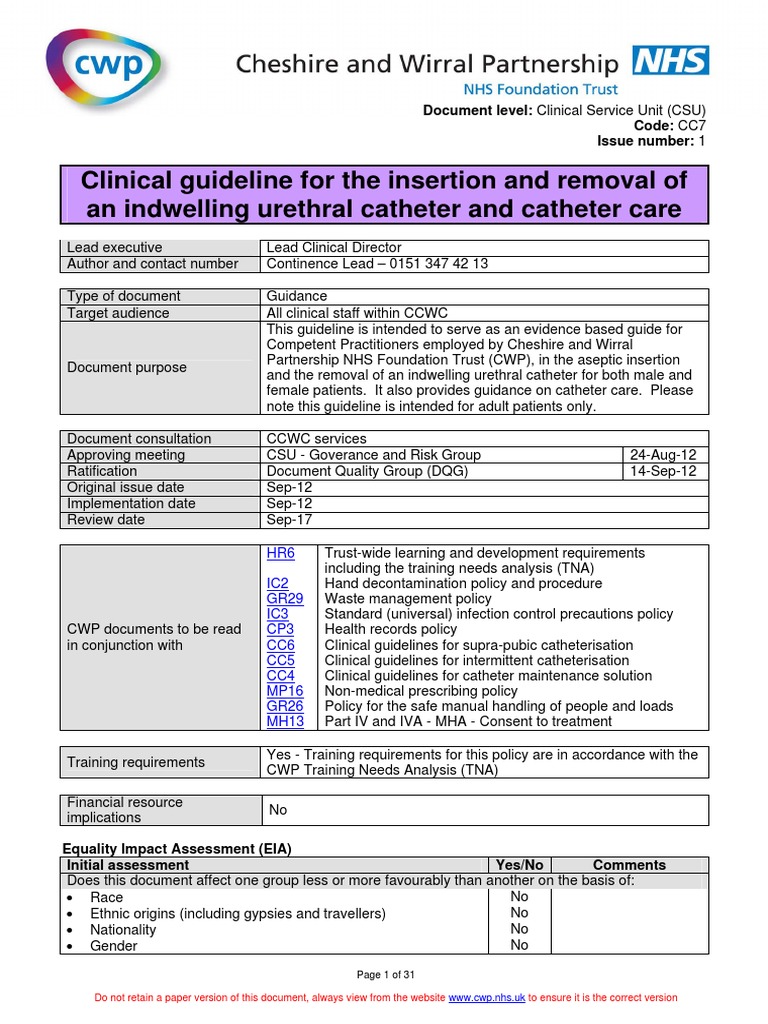 Clinical Guideline For The Insertion and Removal of An Indwelling ...