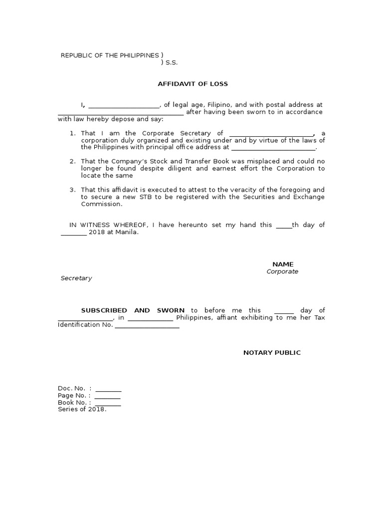 Affidavit of Loss Stock and Transfer Book | PDF | Affidavit | Legal ...