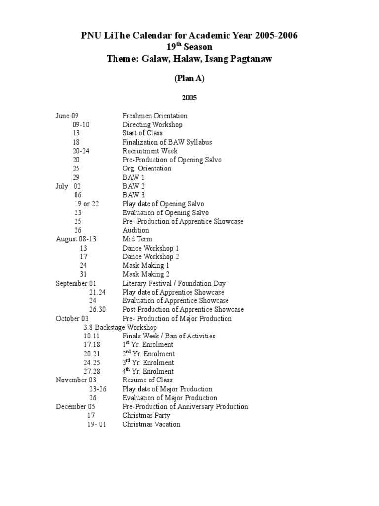 PNU LiThe Calendar For Academic Year 2005 | PDF