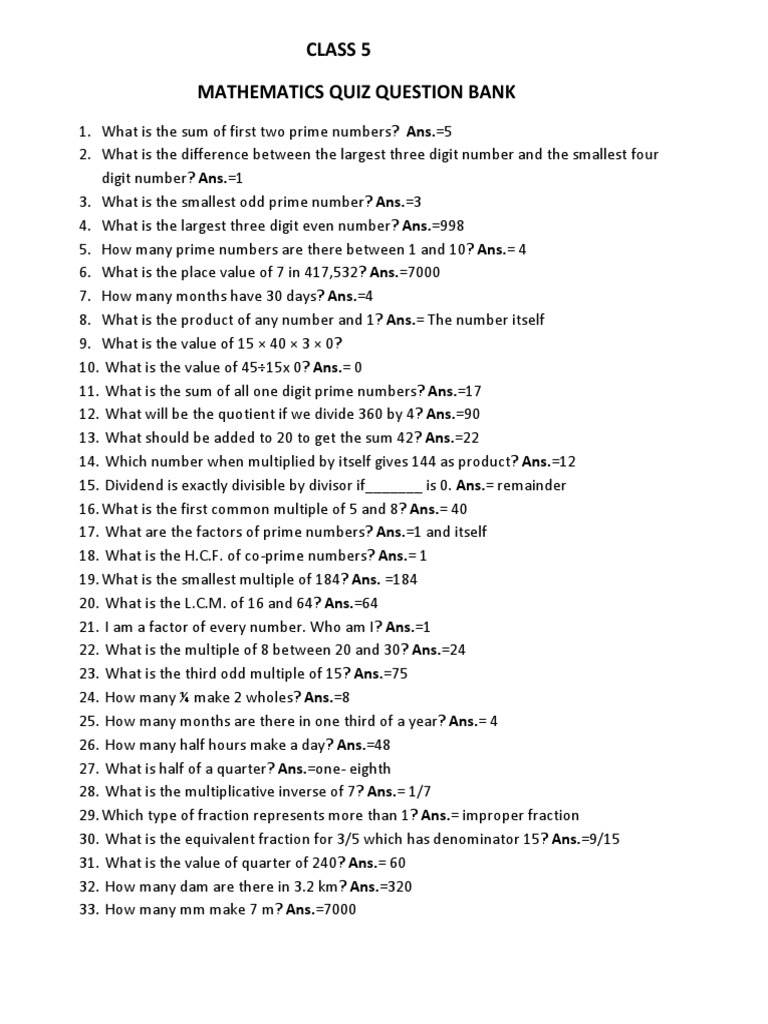 Class 5 Mathematics Quiz Question Bank | PDF | Prime Number | Gases
