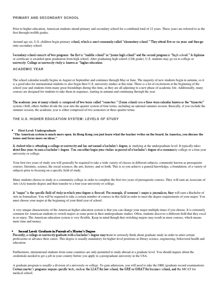 U.S. Primary and Secondary Education Overview | PDF | Associate Degree ...