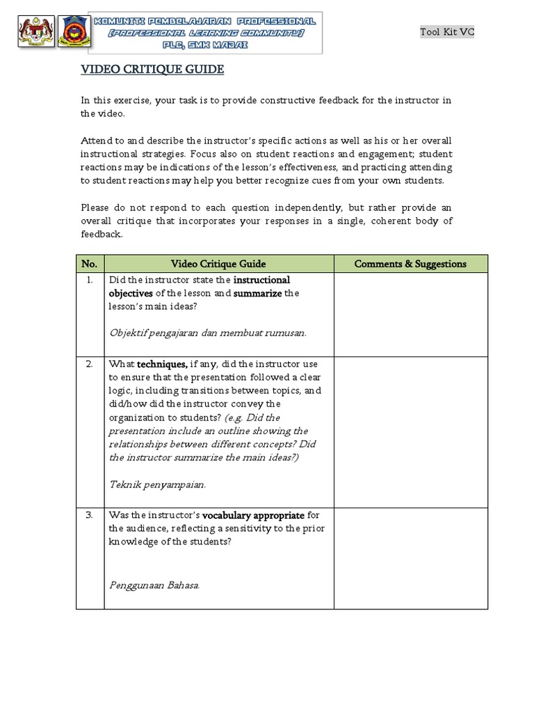 Video Critique Form | PDF | Concept | Understanding