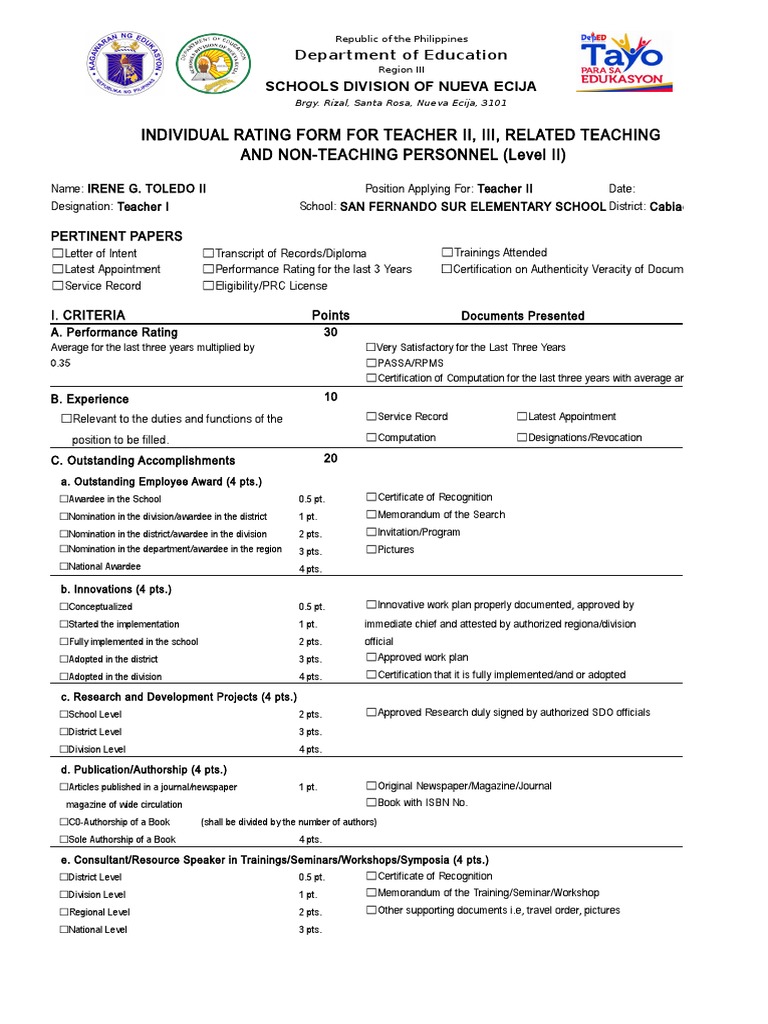 Individual Rating Form T.2 T3 NTP | PDF | Academic Degree | Academia