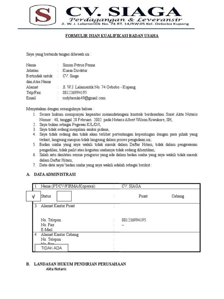 Formulir Isian Kualifikasi Cv. Siaga | PDF