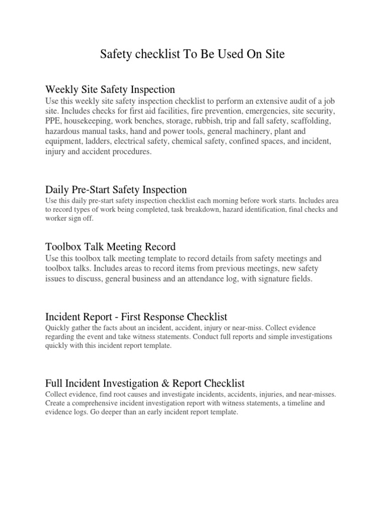 Safety Checklist To Be Used On Site | PDF