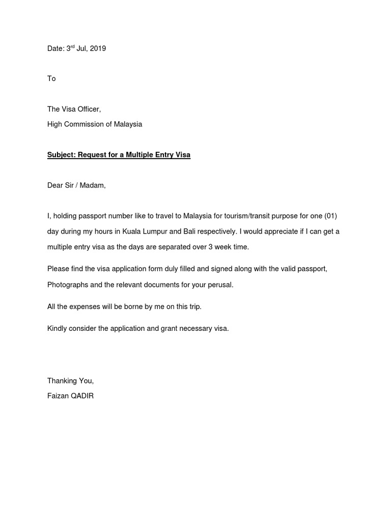 Malaysia Visa Application Request Letter | PDF
