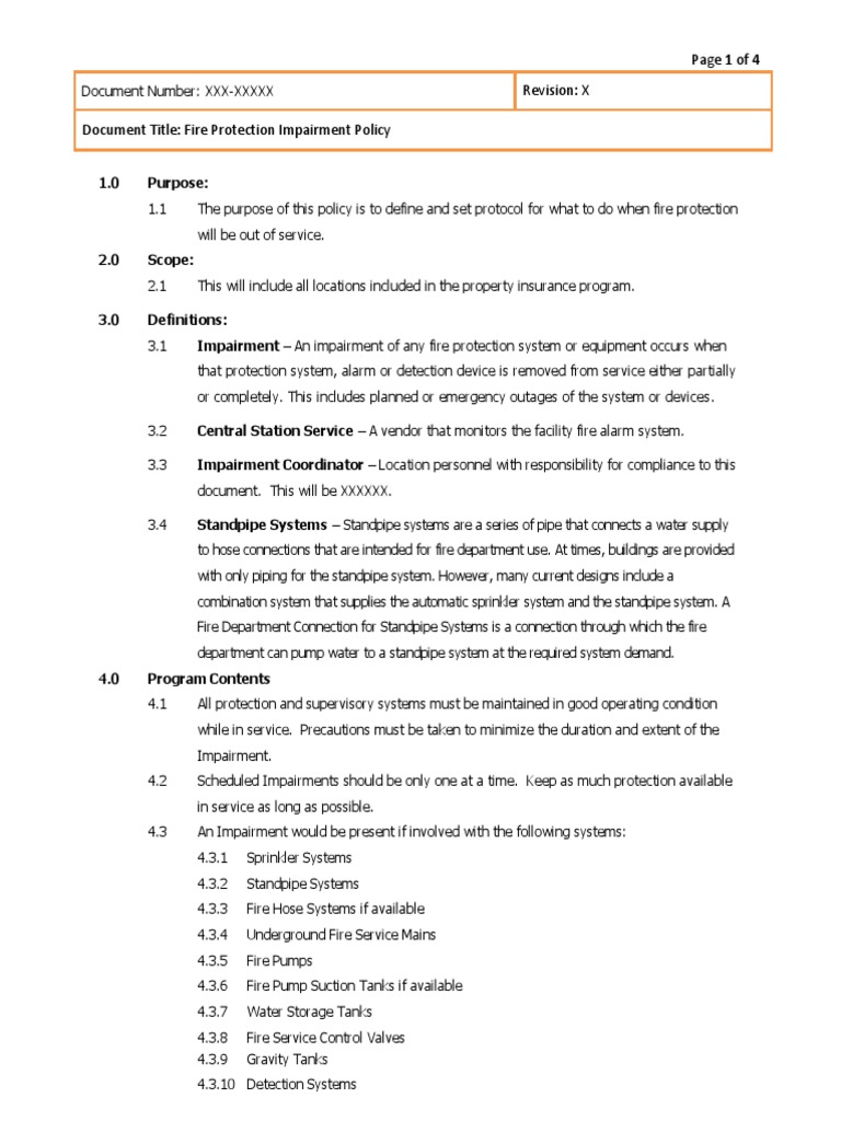 Fire Protection Impairment Policy | PDF | Fires | Fire Sprinkler System