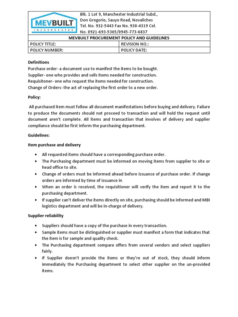 Mevbuilt Procurement Policy and Guidelines | PDF