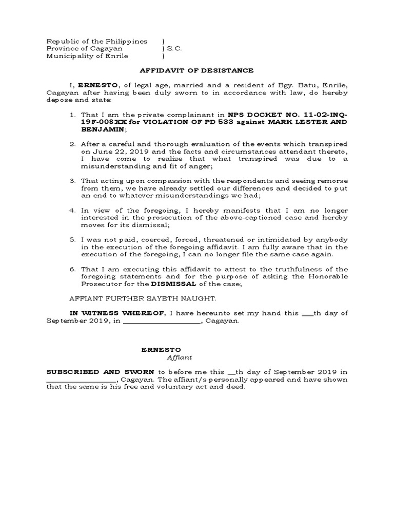 Affidavit of Desistance: Affiant | PDF | Affidavit | Public Law