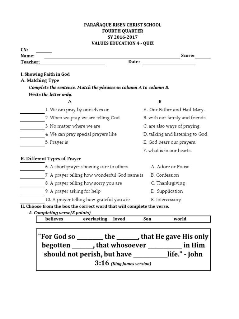 Val Ed Quiz 4th | PDF