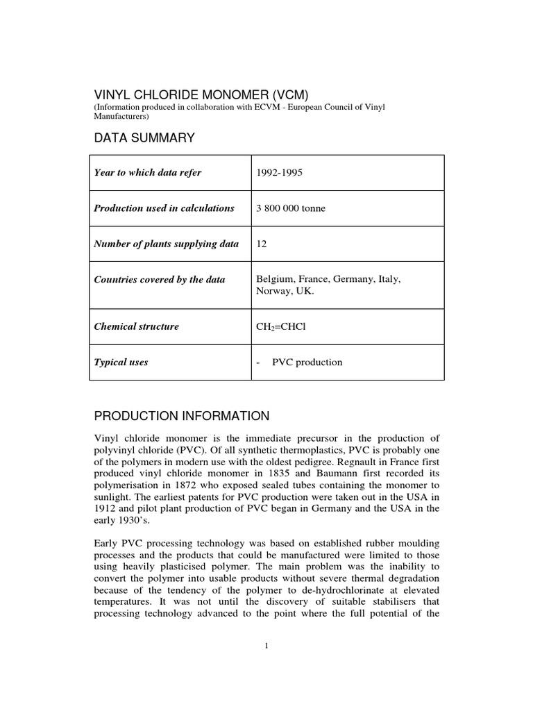 Vinyl Chloride Monomer (VCM) : Year To Which Data Refer | PDF ...