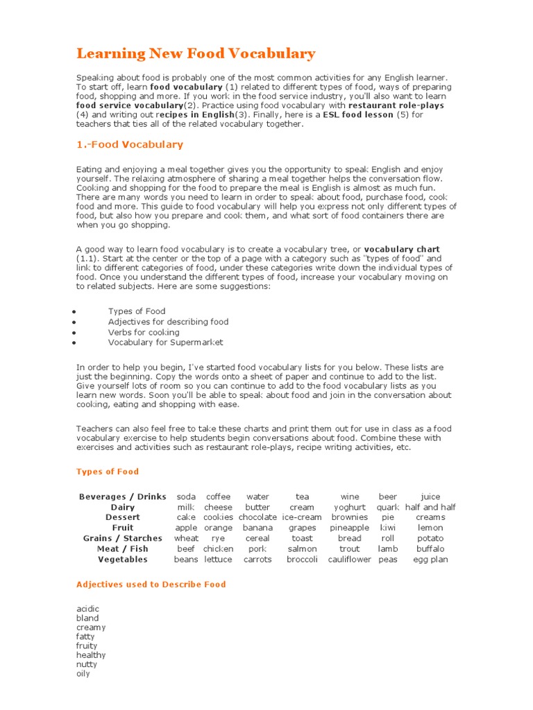 Essential Food Vocabulary for ESL Learners | PDF | Foods | Cooking