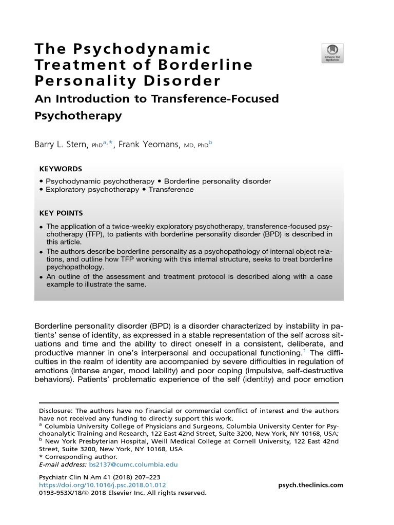 Thepsychodynamic Treatmentofborderline Personalitydisorder: An ...