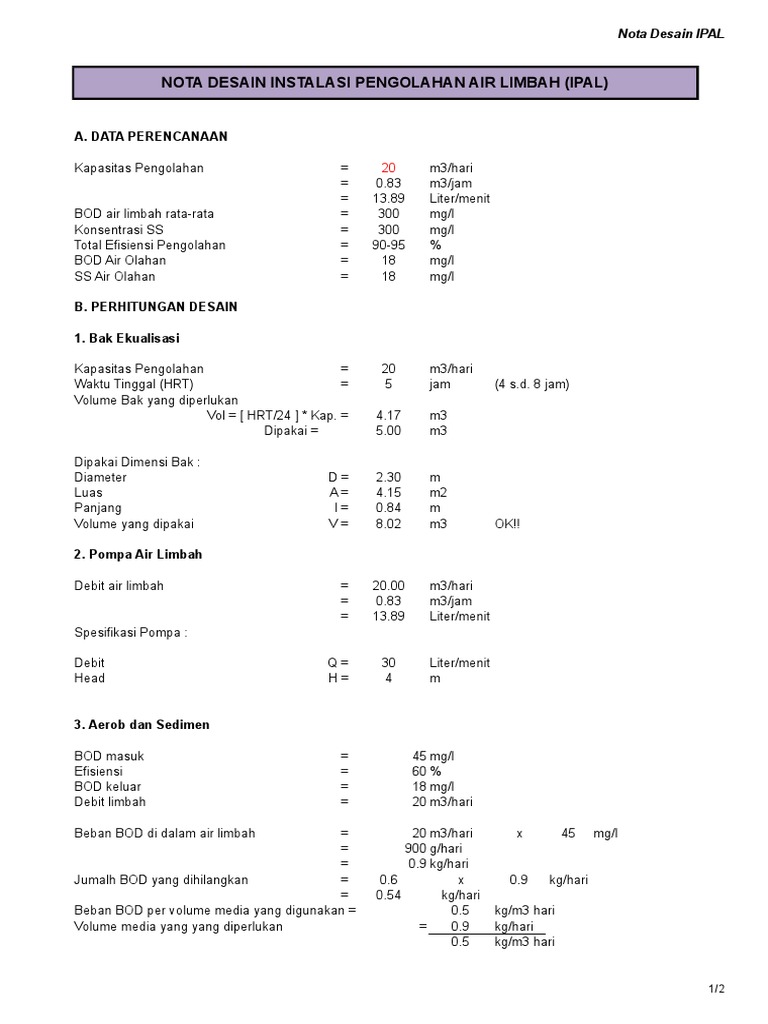 Nota Desain Instalasi IPAL | PDF