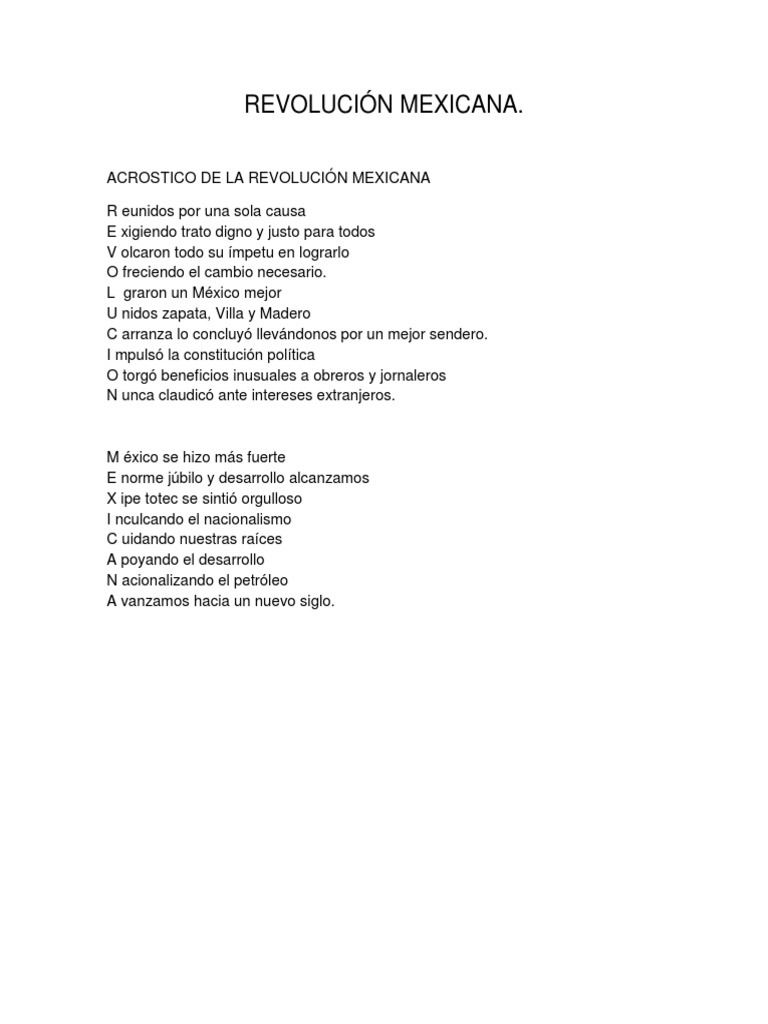 Acrostico de La Revolucion Mexicana | PDF | revolución mejicana | México