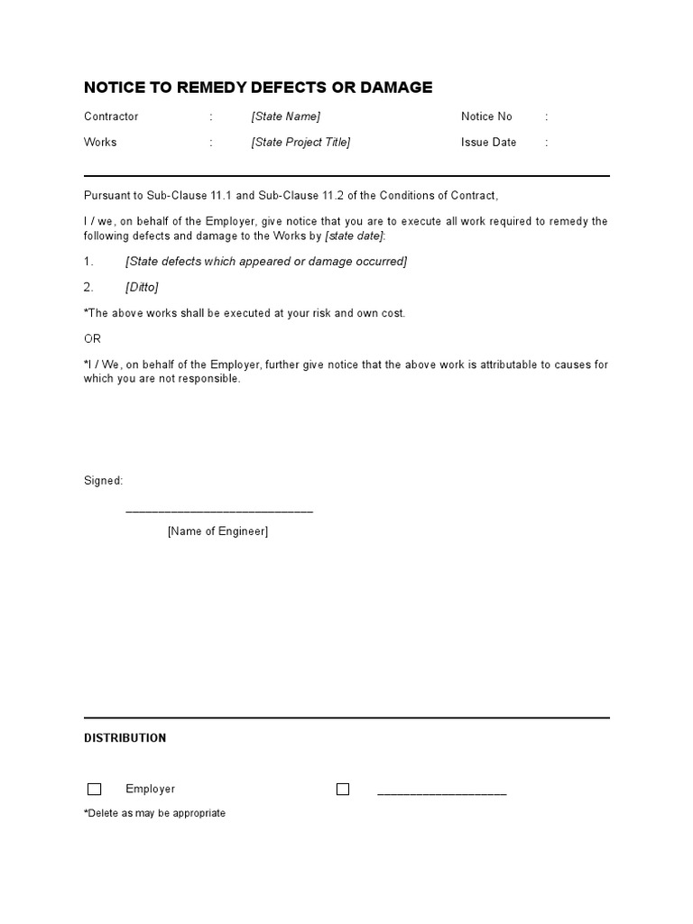 Notice to Remedy Defects in Construction | PDF | General Contractor ...