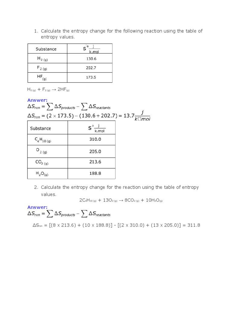 Entropy change calculation for two chemical reactions | PDF ...