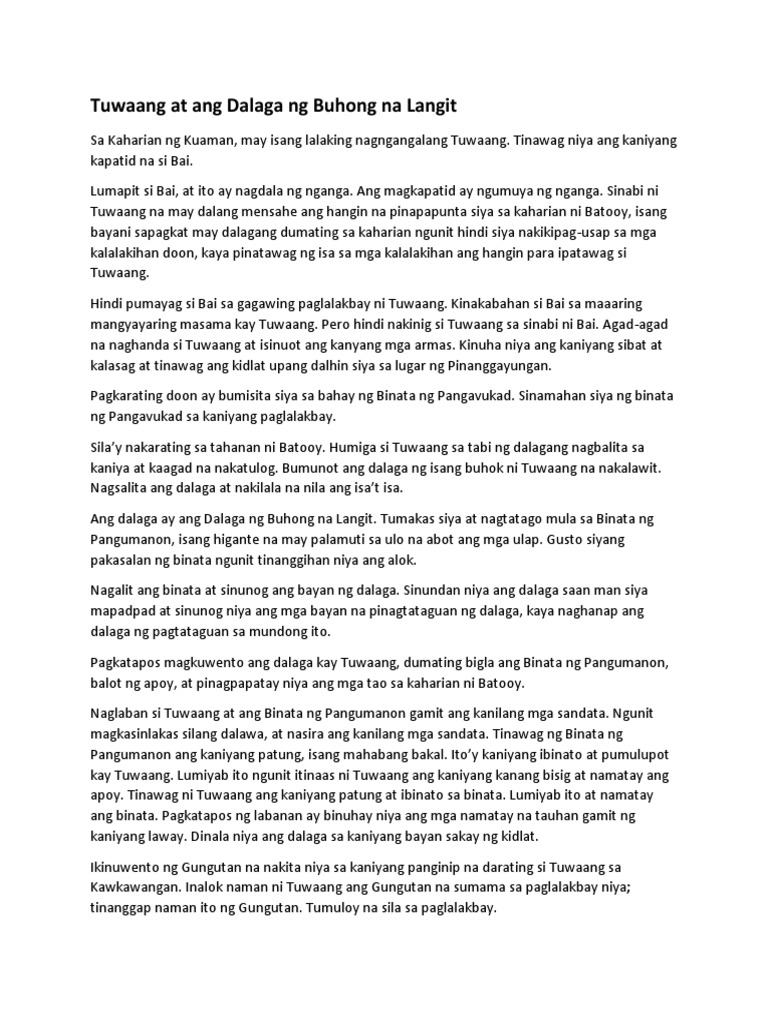 Tuwaang at Ang Dalaga NG Buhong Na Langit | PDF