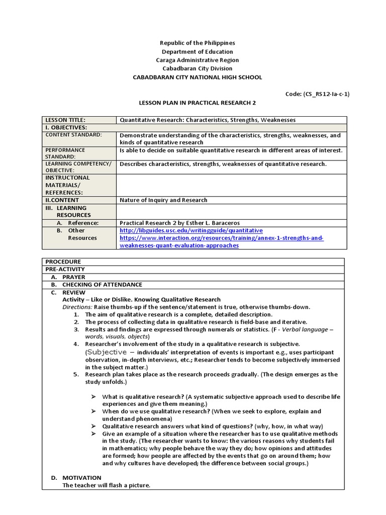 Lesson Plan Practical Research 2 Quantitative Research | PDF ... Lesson Plan Practical Research 2 Quantitative Research | PDF ...