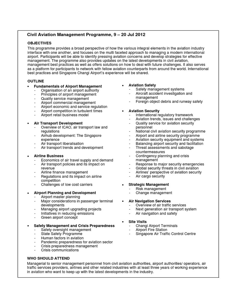 Civil Aviation Management Programme, 9 - 20 Jul 2012: Objectives | PDF ...