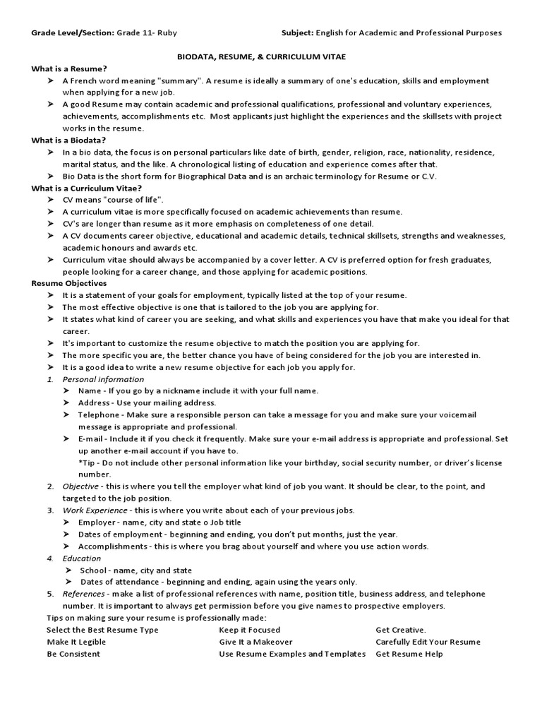 Grade Level/Section: Grade 11-Ruby Subject: English For Academic and ...