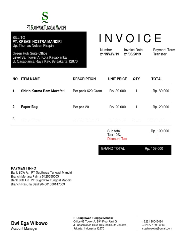 Invoice for the Sale of Shirin Kurma Bam Mozafati and Paper Bags from ...