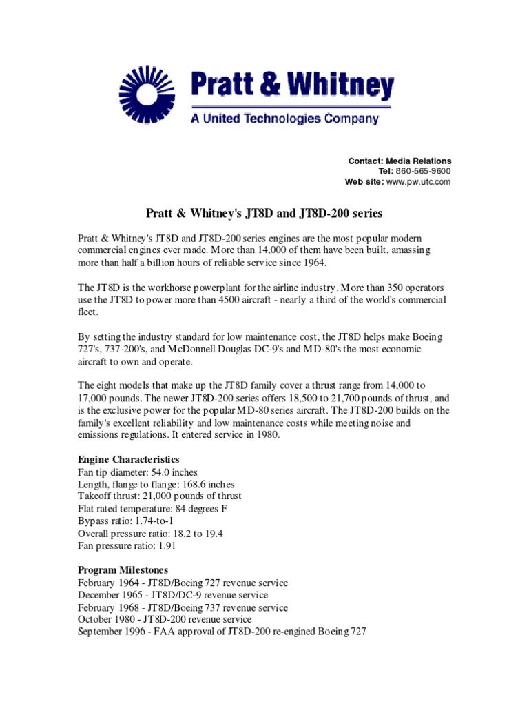 Pratt & Whitney's JT8D and JT8D-200 Series: Engine Characteristics | PDF