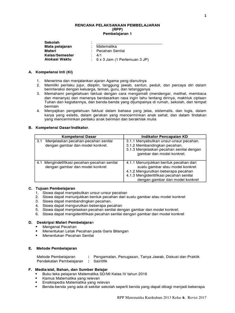 RPP Kelas 4 Matematika | PDF