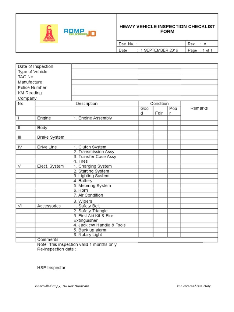 Hse-F-Ri-035, Heavy Vehicle Inspection Form Revisi A | PDF