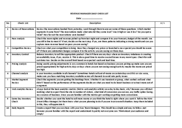 Revenue Manager Daily Check List | PDF | Market Segmentation | Inventory