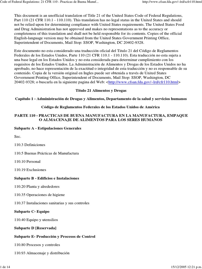 21 CFR 110 Practicas de Buena Manufactura PDF | PDF | Alimentos ...