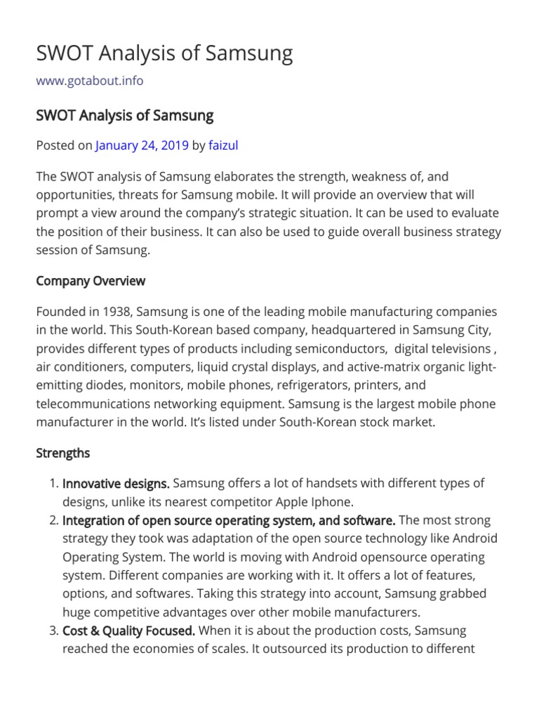 SWOT Analysis of Samsung | PDF | Samsung Electronics | Smartphone