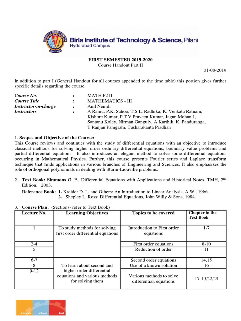 FIRST SEMESTER 2019-2020: Course No. Course Title Instructor-In-Charge ...