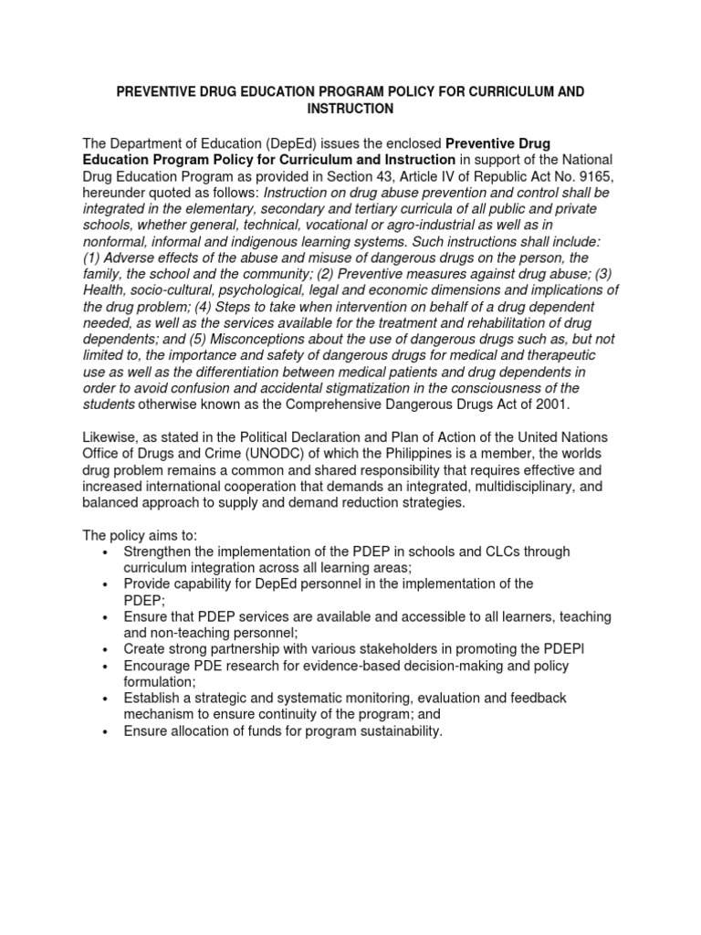 Preventive Drug Education Program Policy For Curriculum and Instruction ...